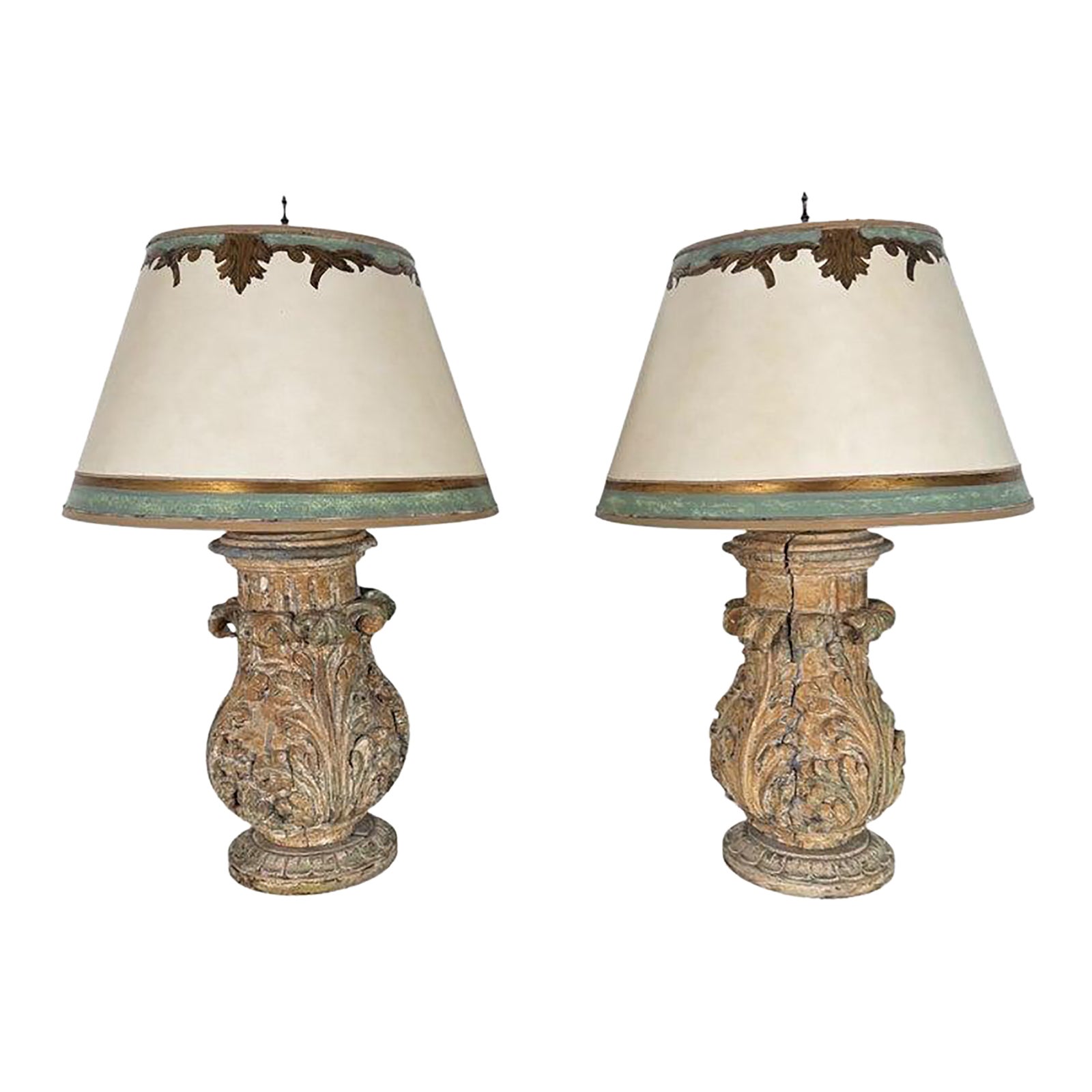 Pair of Italian Carved Wood Baroque Style Table Lamps | Chairish