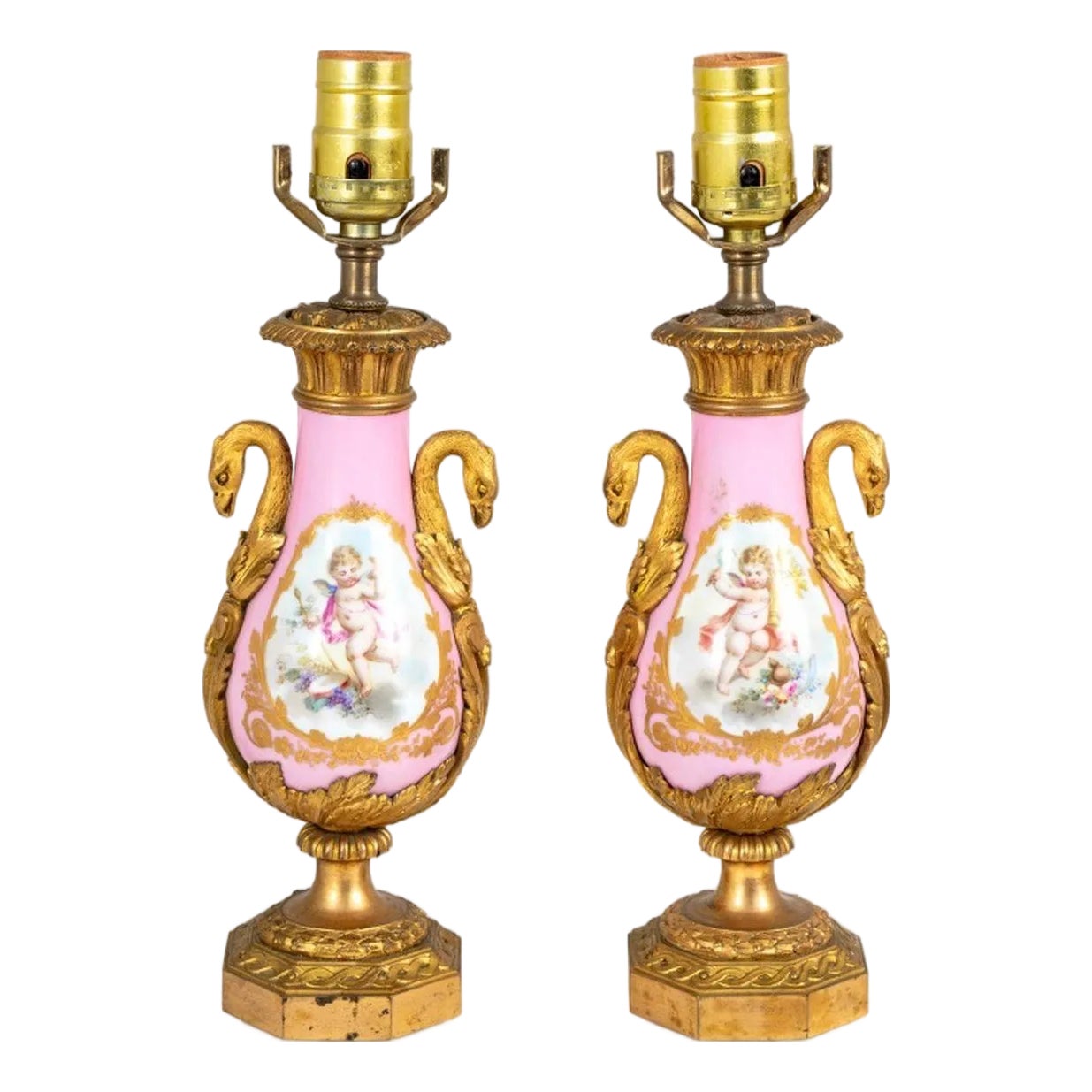 Sevres Pink Ground Porcelain Lamps, Pair | Chairish