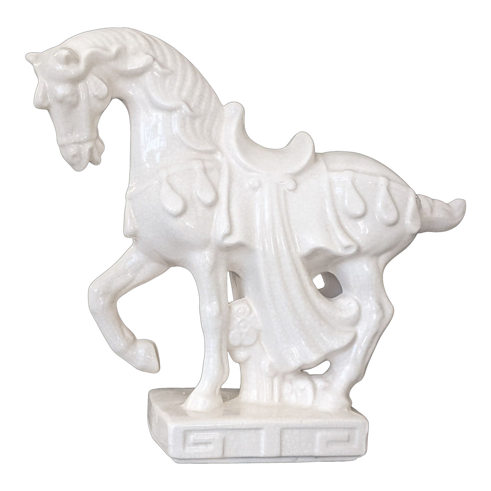 Vintage White Crackled Ceramic Tang Dynasty War Horse Figurine | Chairish
