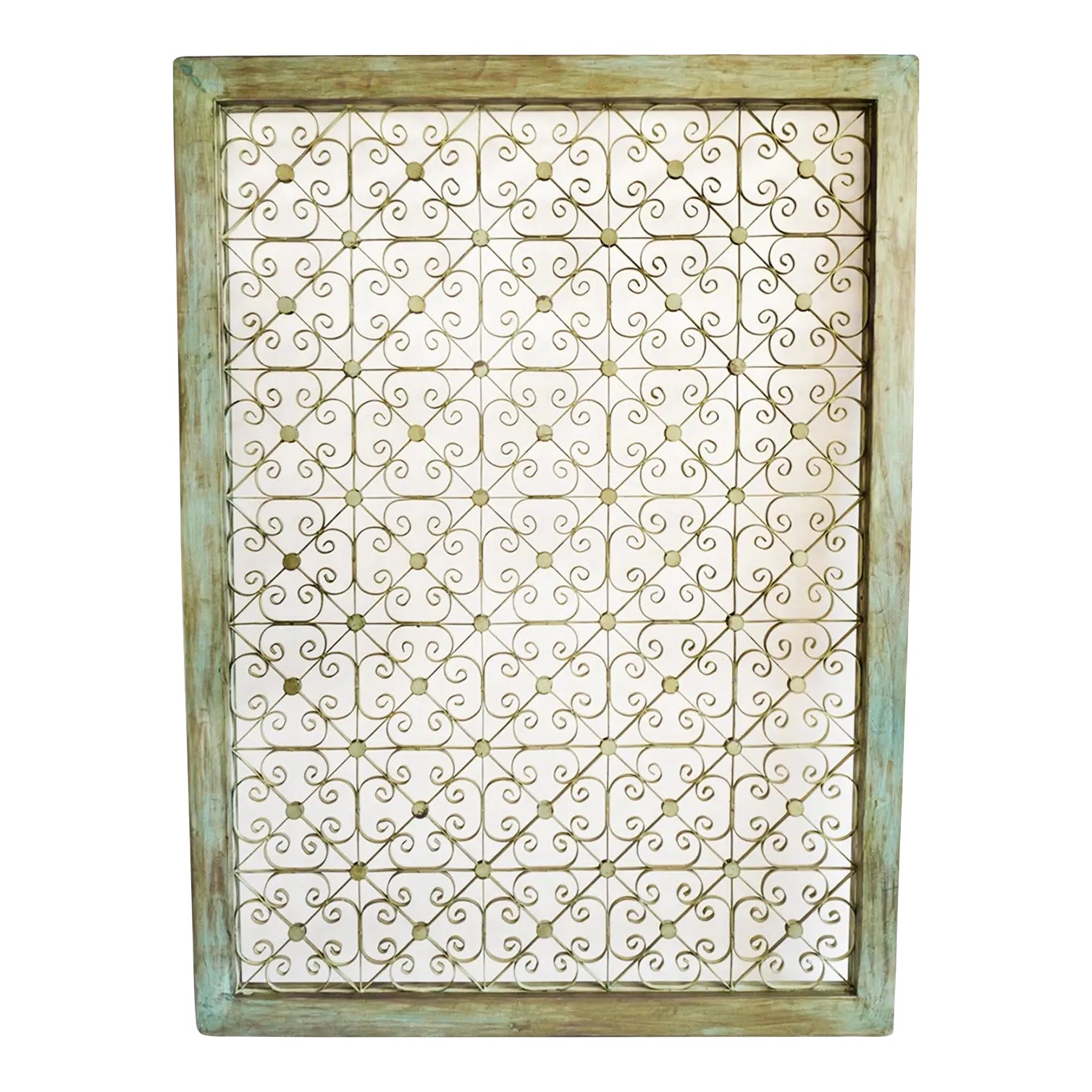 Large Green Wood Framed Iron Rosette Screen | Chairish