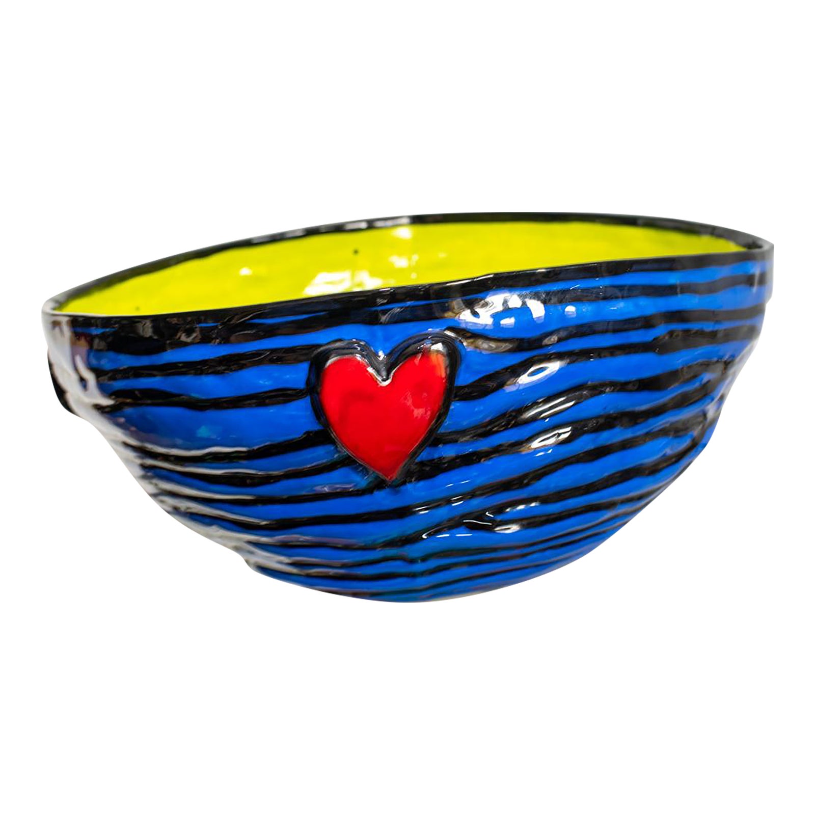 Large Hand Made Blue Black Striped Coil Ceramic Bowl With Cherry Red ...