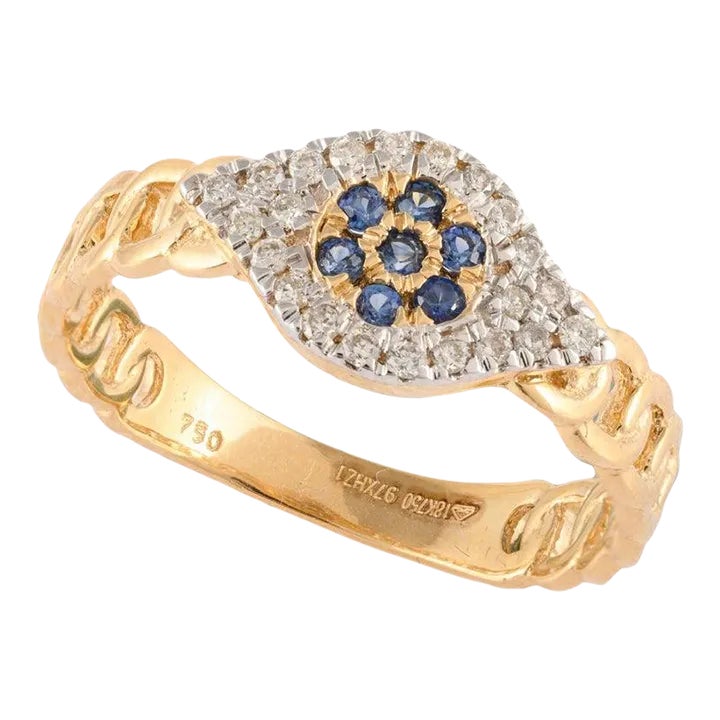Crafted in 18k Gold Sapphire Diamond Evil Eye Chain Band Ring Size 7 ...