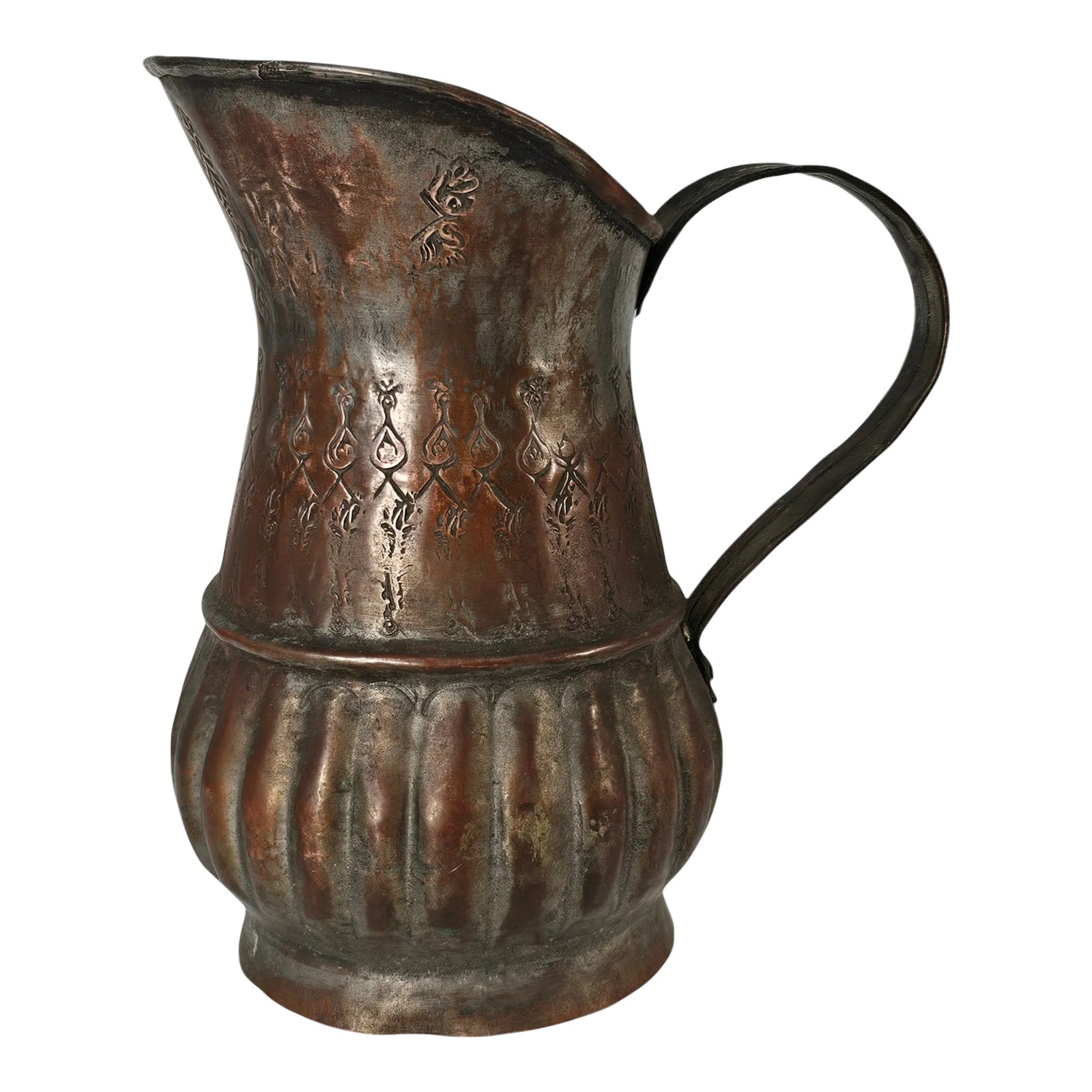 Egyptian Hand Hammered Copper Pitcher Tinned Stamped Patina 8" | Chairish