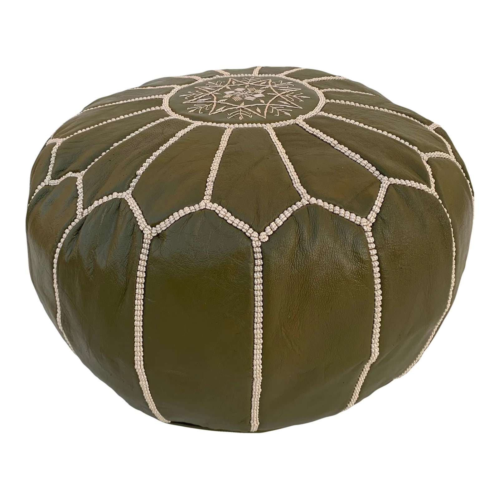 Contemporary Moroccan Handmade Green Olive Pouf Cover | Chairish