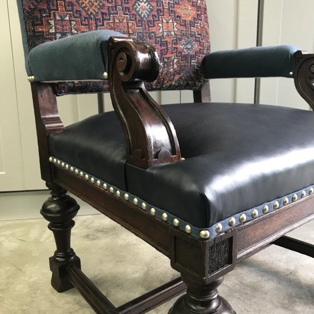 1920s Leather Antique Cigar Library Kilim Chair Reupholstered | Chairish