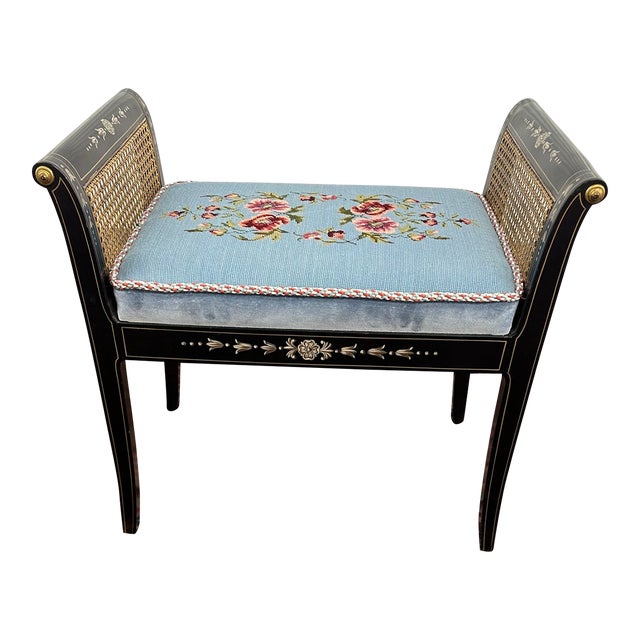 1950s Hickory Neoclassical Black and Gold Cane Bench | Chairish