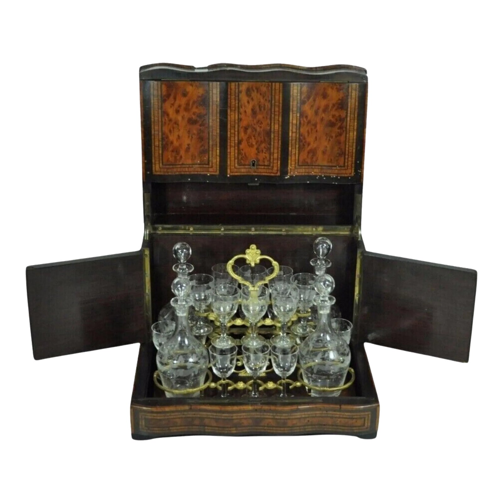 Antique French Brass Inlay Tantalus Box Cordial Decanter Set Liquor ...