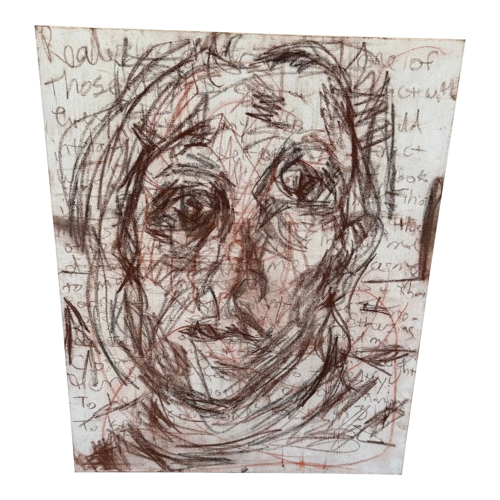Mid-Century Text / Portrait Art Charcoal Sketch Drawing on Canvas ...