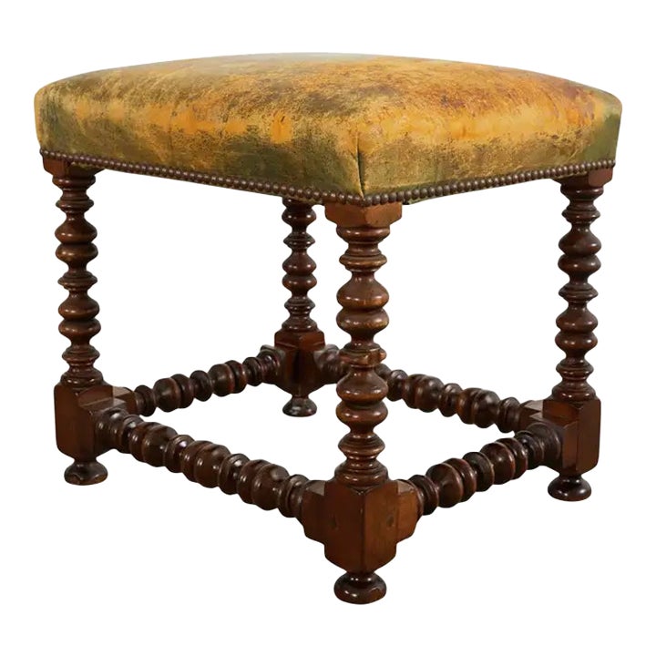 English Tudor Style Bobbin Turned Walnut Leather Bench | Chairish