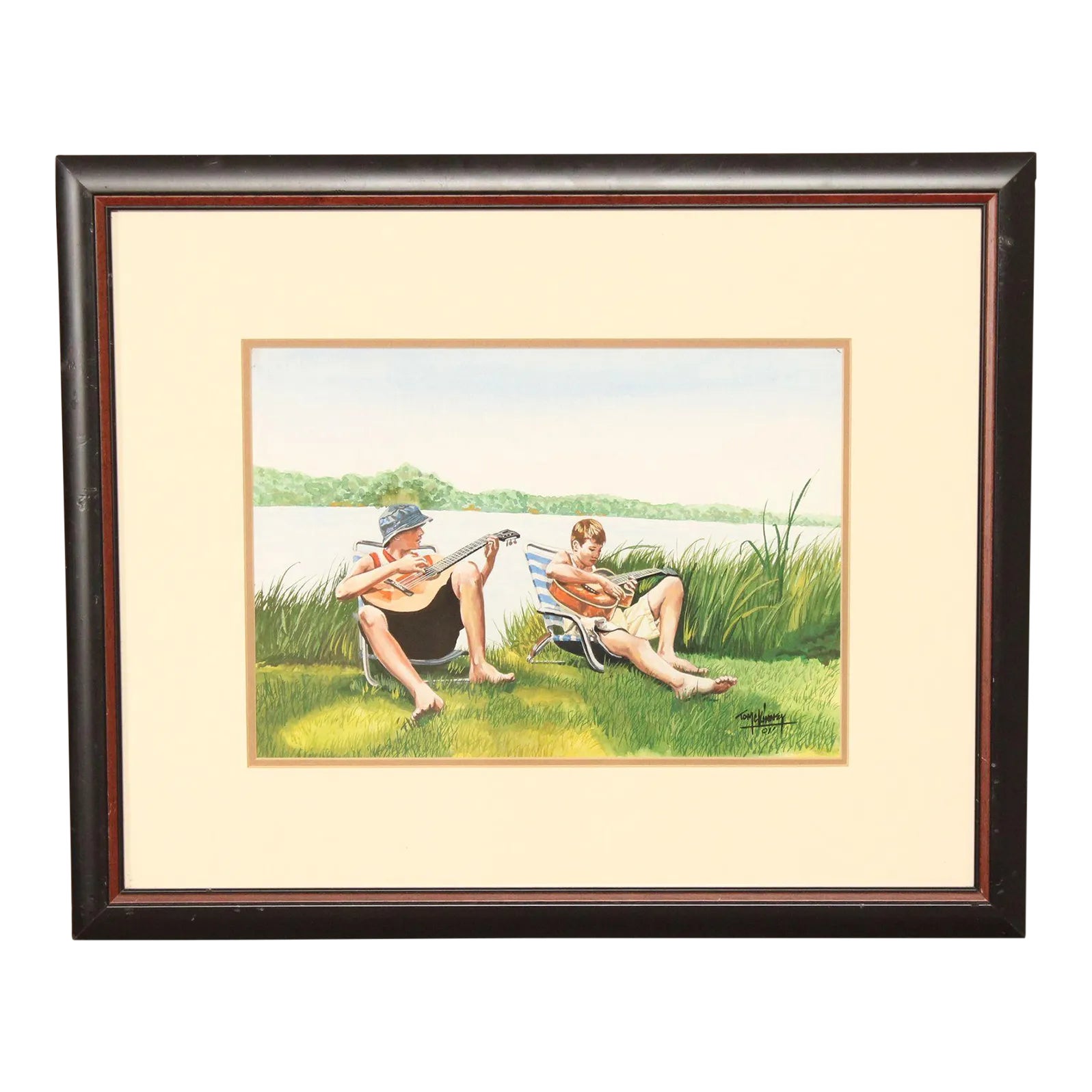 2001 Tom Kinney Boys Playing Guitar Original Painting, Custom Framed ...