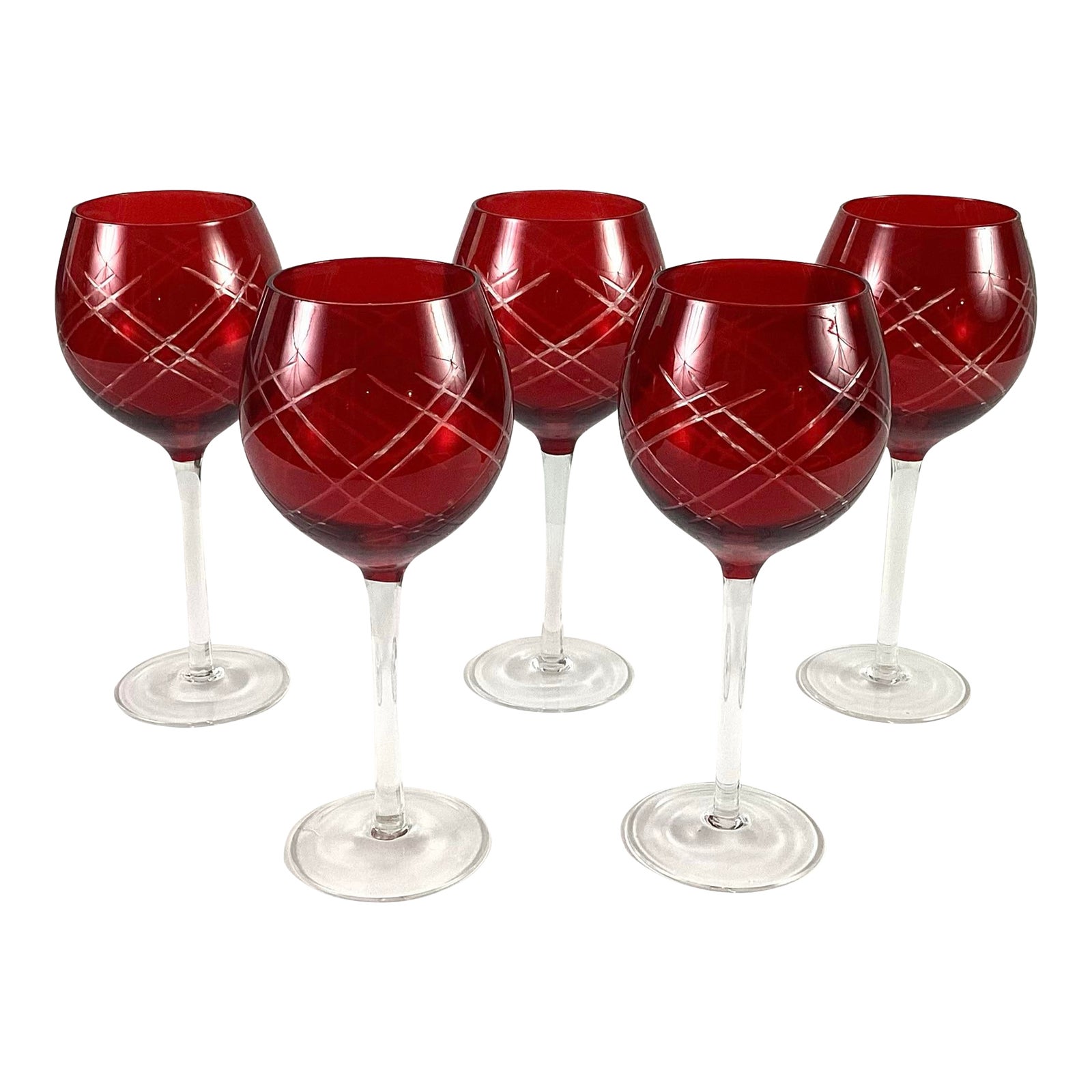 1990s Ruby Cut to Clear Long Stem Goblets- Set of 5 | Chairish