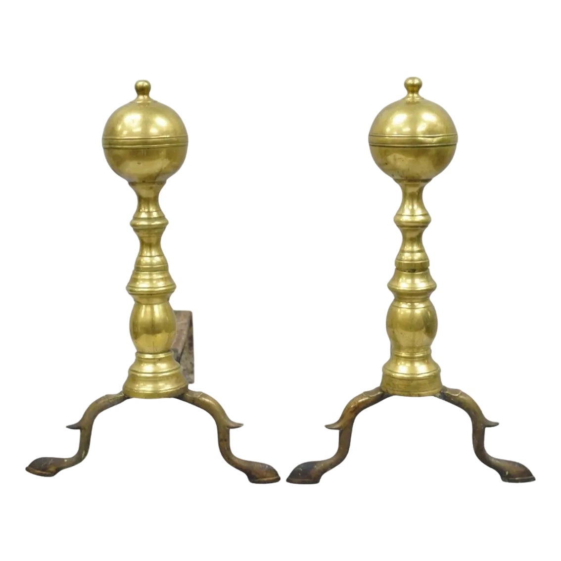 Antique English Colonial Brass Cannonball Branch Leg Andirons W/ Patina ...