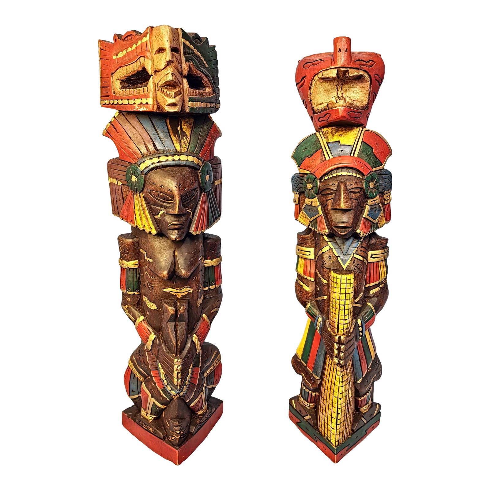Pair of Mayan Aztec Vintage Totem Sculptures ~ Hand Painted ~ Hand ...