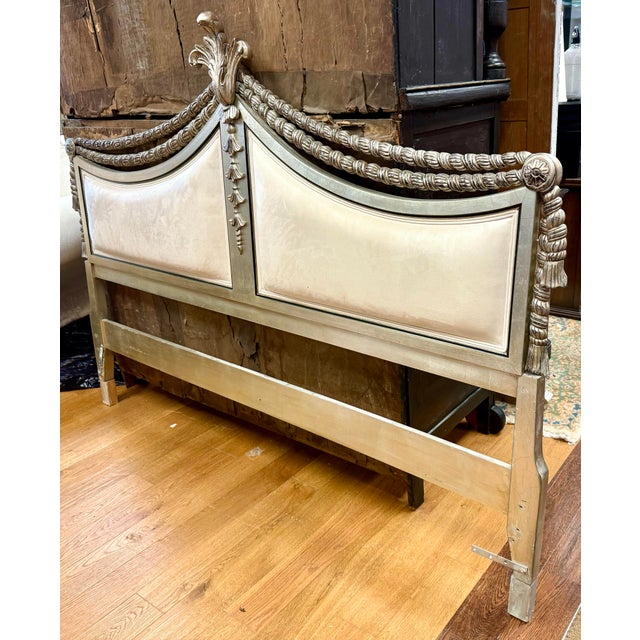 French Carved Silver Wood and Cream Suede Headboard by Karges | Chairish