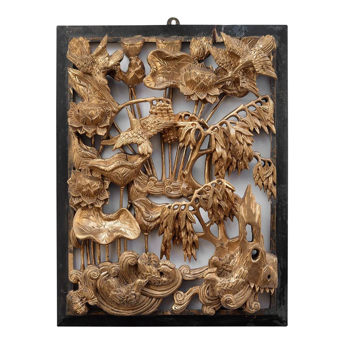 Vintage Chinese Gilded Hand-Carved Wood Relief Panel of Birds and ...