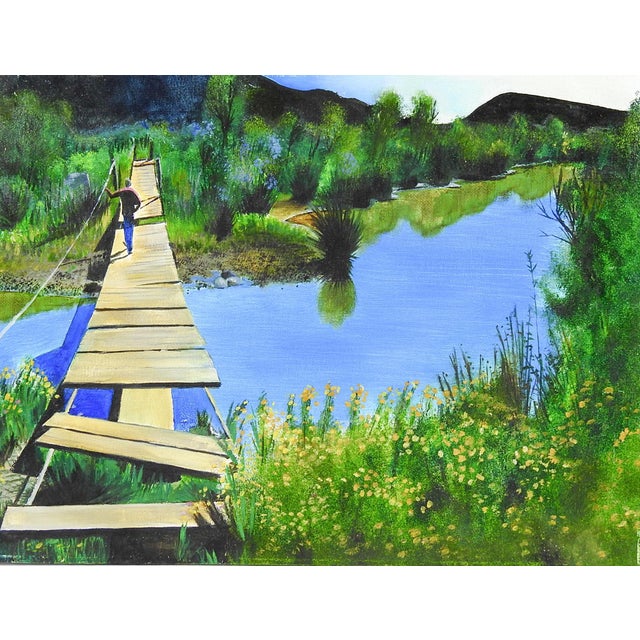 Late 20th Century Old Foot Bridge Crossing Painting | Chairish