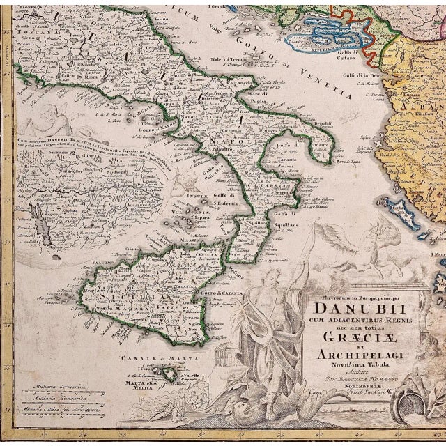 Hand-Colored 18th Century Homann Map of the Danube, Italy, Greece ...