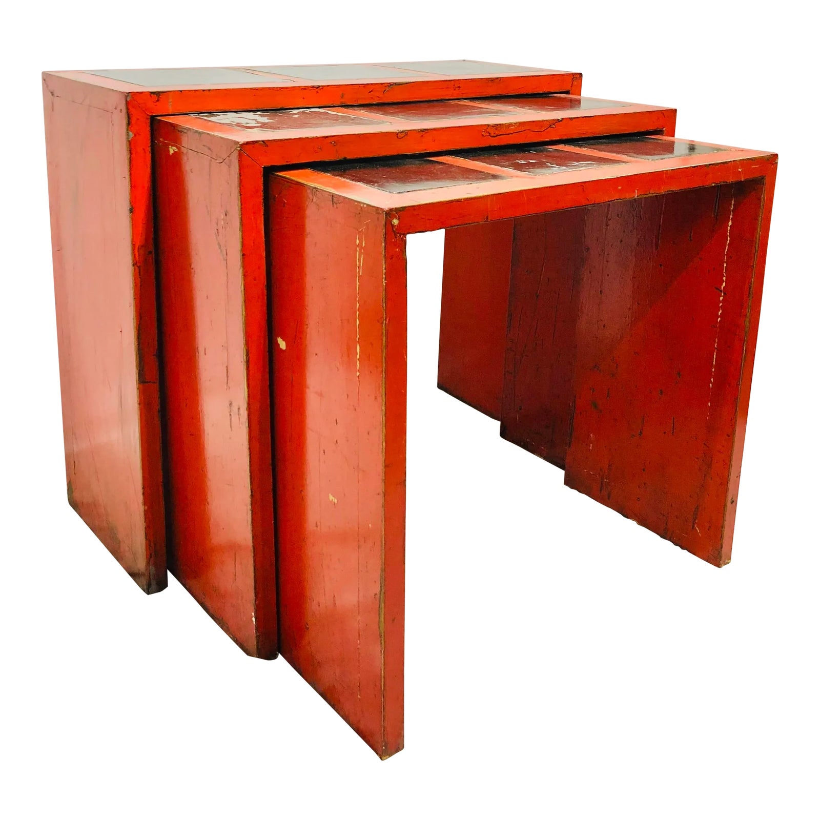 Mid 20th Century Vintage Asian Red & Black Lacquered Nesting Console Table - Set of 3 | Chairish