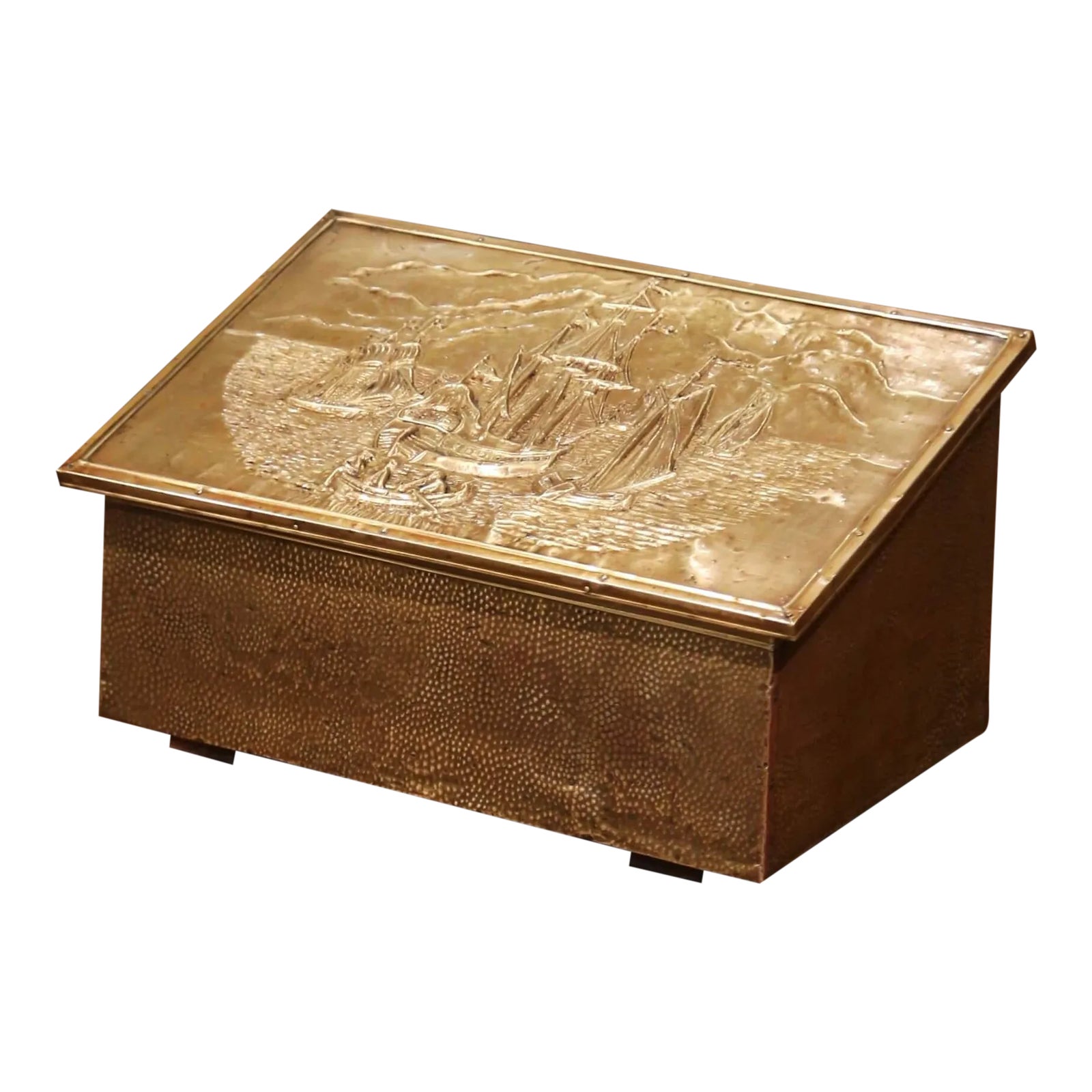 Early 20th Century French Repousse Brass and Wooden Box With Sailboats ...