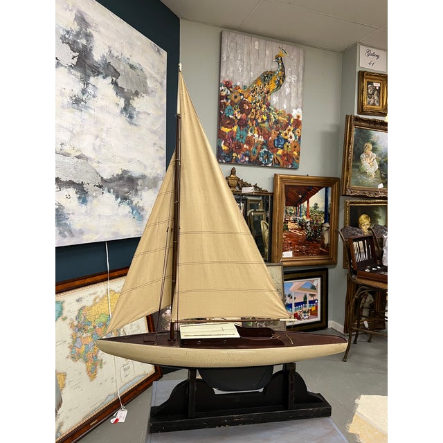 Vintage Handmade Sailing Boat & Wooden Stand | Chairish