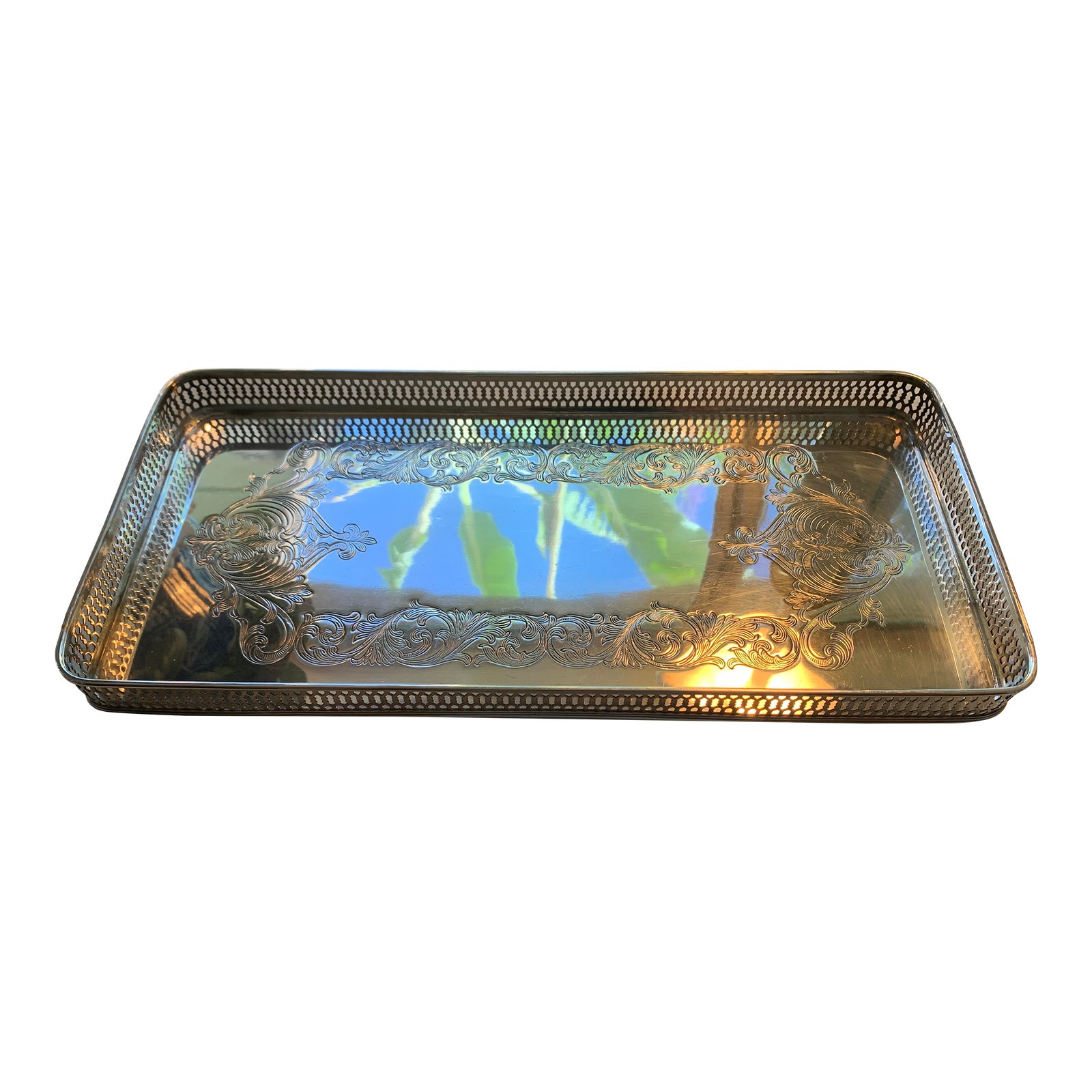 Antique Petite Silver Plate Gallery Tray | Chairish