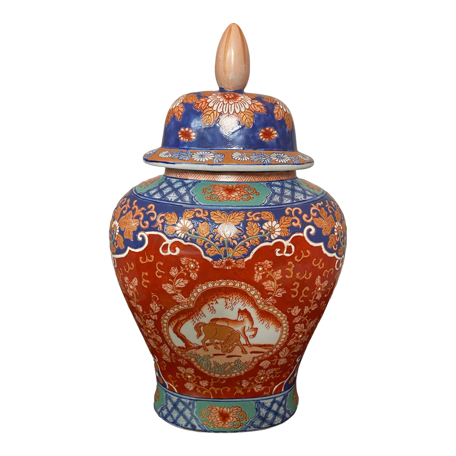 Ginger Jar in Imari Colors With Butterflies and Horses | Chairish