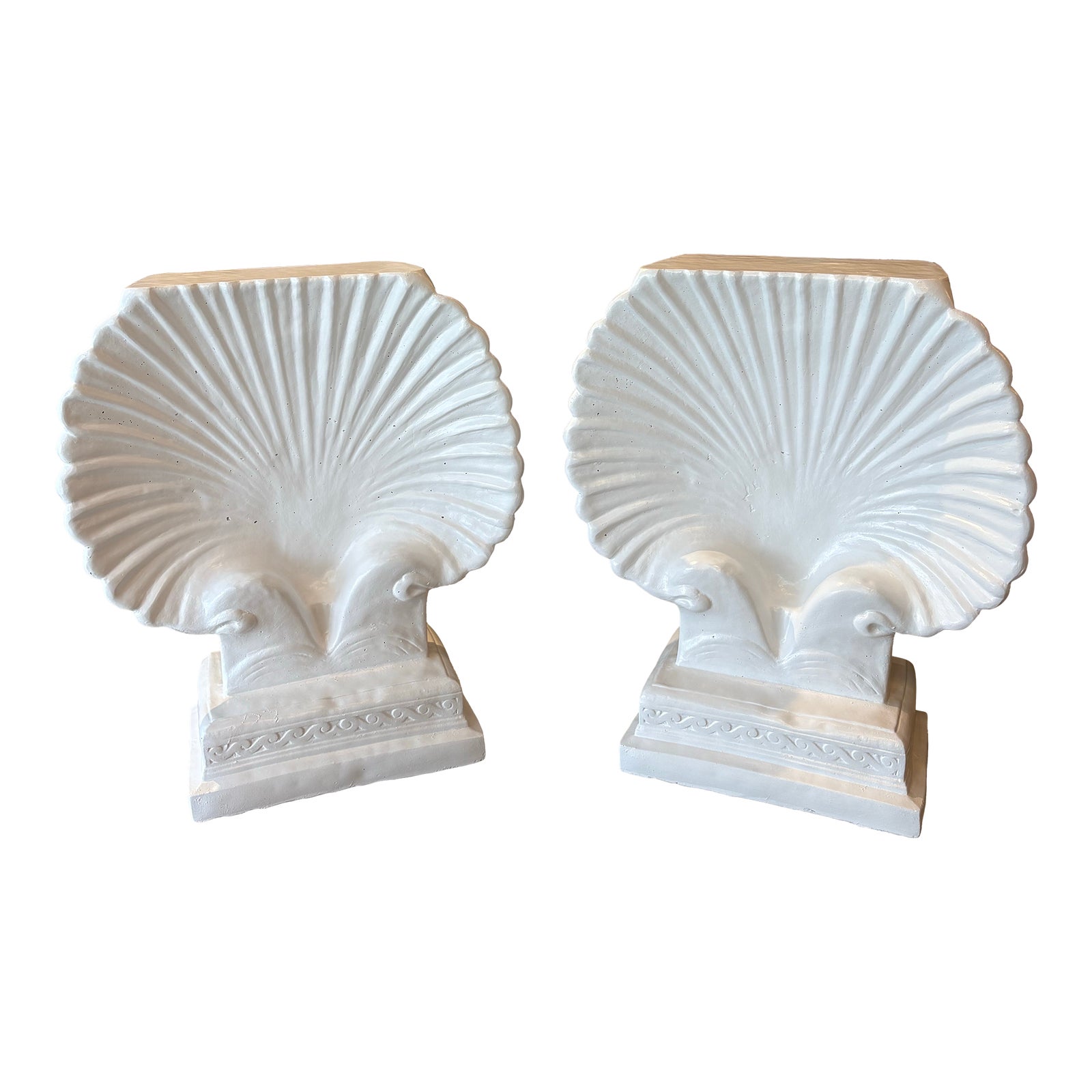 Vtg. Pair Palm Beach Coastal Concrete Scalloped Shell Seashell White ...
