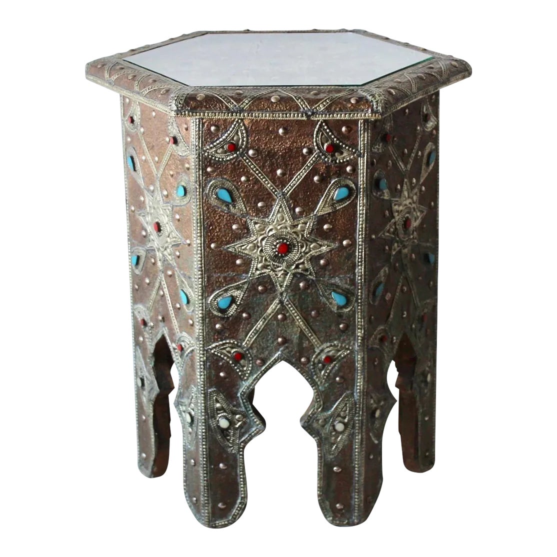 Moroccan Bronze Silver Finish Hexagon Wood Metal Inlay End Table | Chairish
