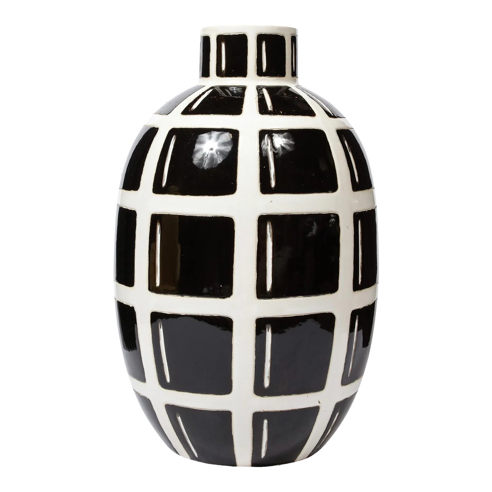 Mid-Century Modern Black & White Ceramic Elliptical Grid Form "Grenade ...