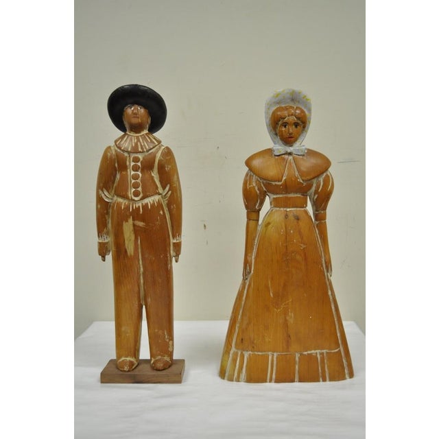 Pine Hand Carved Quaker Couple Figurines - A Pair | Chairish