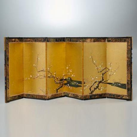 Early 20th Century Japanese 6-Panel Gouache and Gold Leaf Painted Table ...