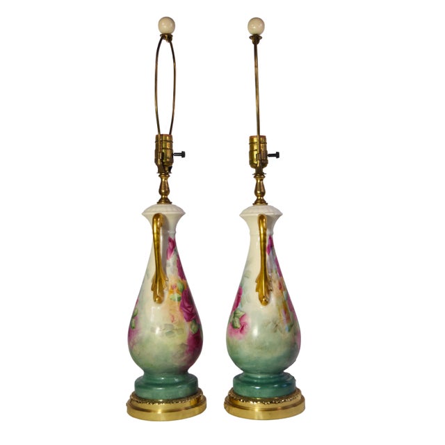 Pair of German-Made Hand-Painted Porcelain Lamp Bases Signed E.M ...