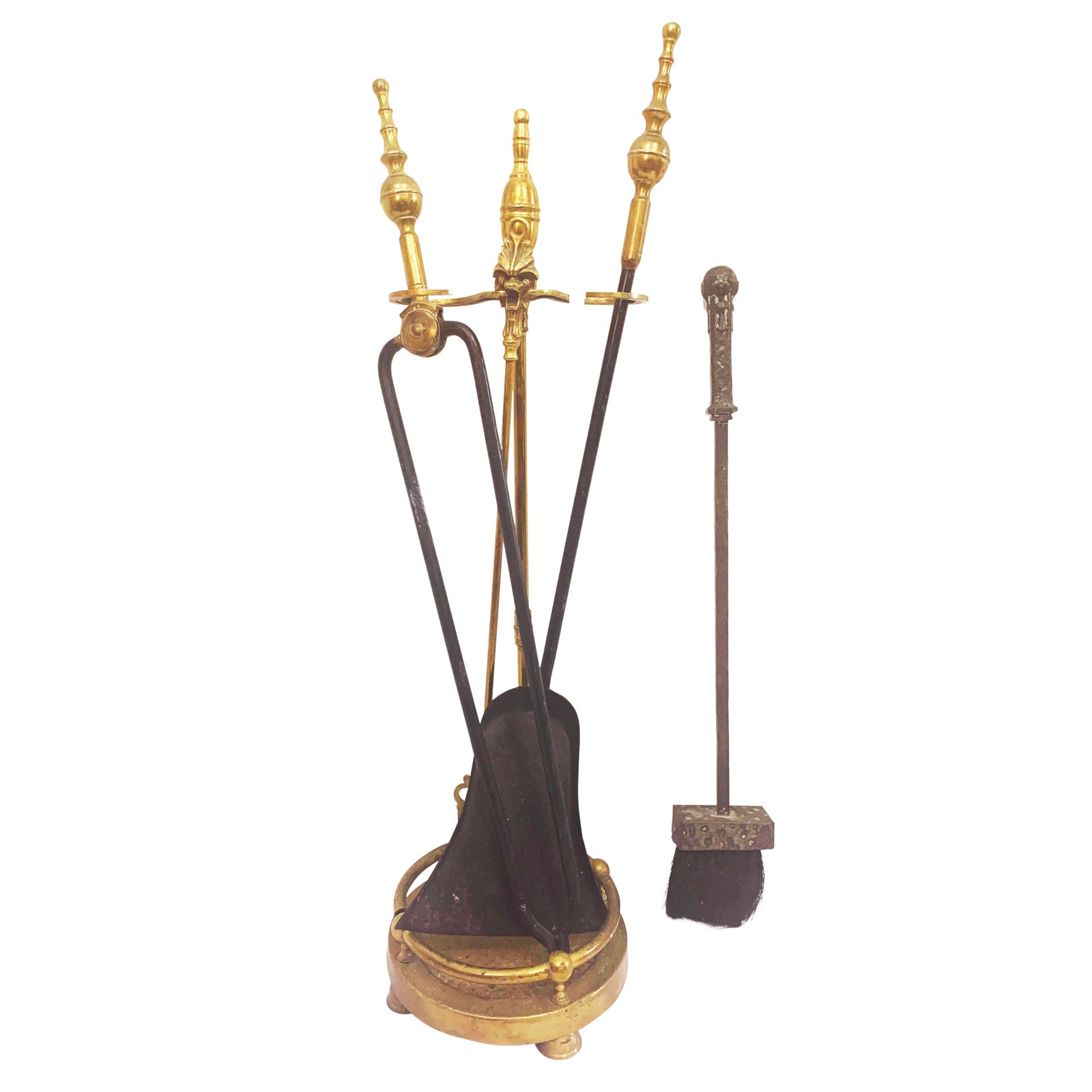 Brass and Iron Hand Made Fireplace Tool Set With Stand | Chairish