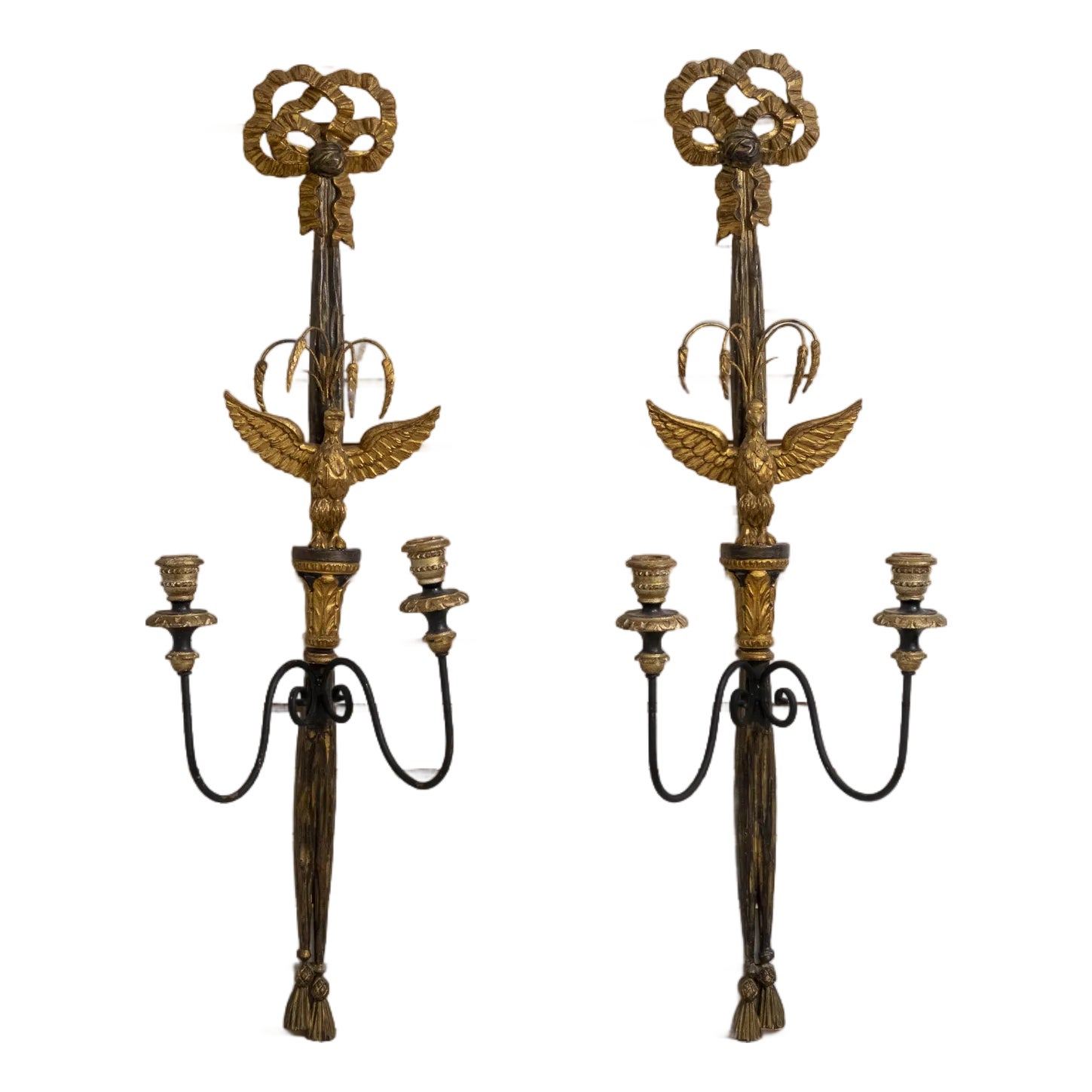 Pair of Federal Style Eagle Carved Gilt 2 Candle Wall Sconces | Chairish