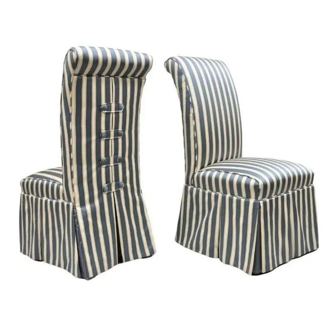 Late 20th Century Custom Blue & Cream Striped Parsons Dining Chairs ...