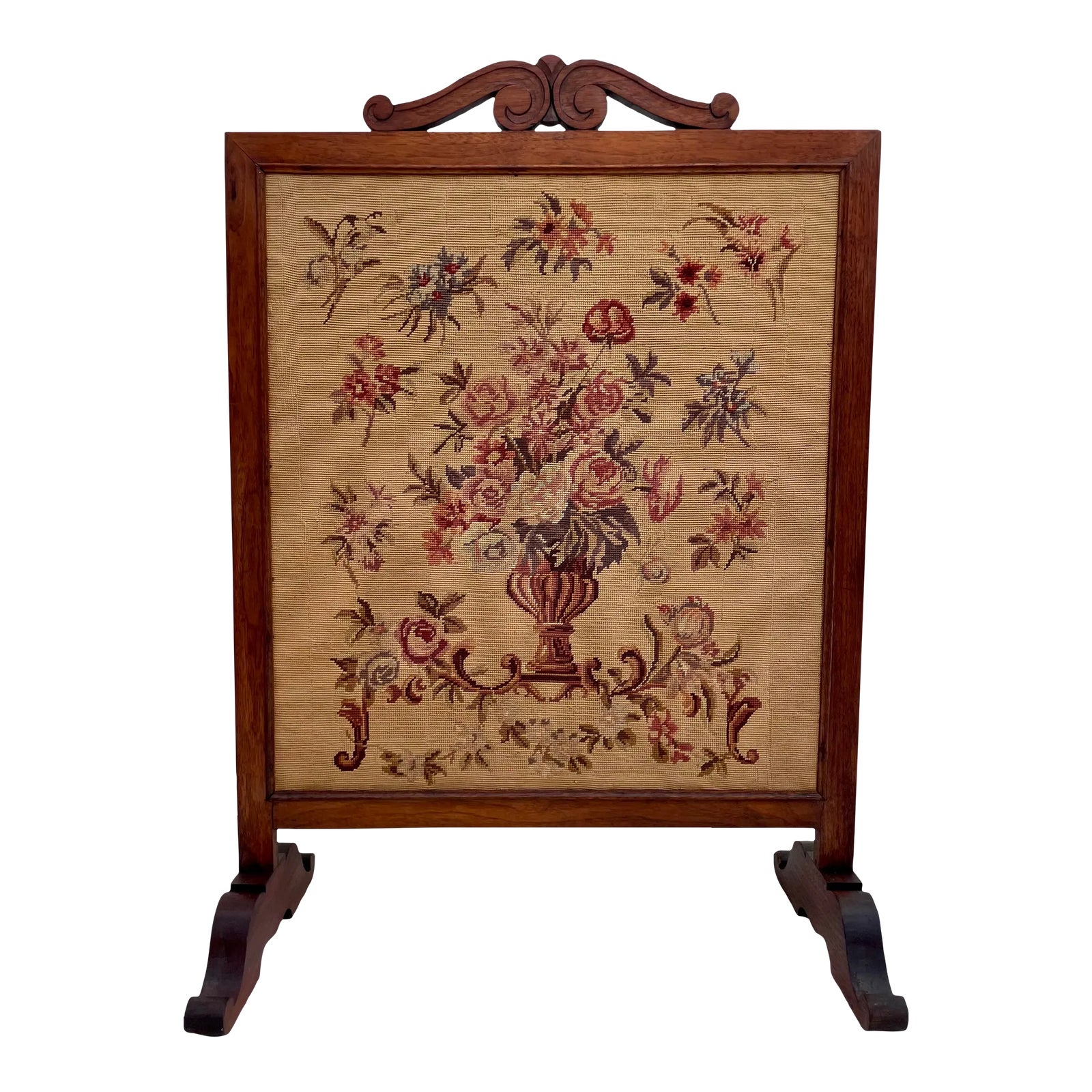 Antique Wood Fireplace Screen With Needlepoint Embroidery | Chairish