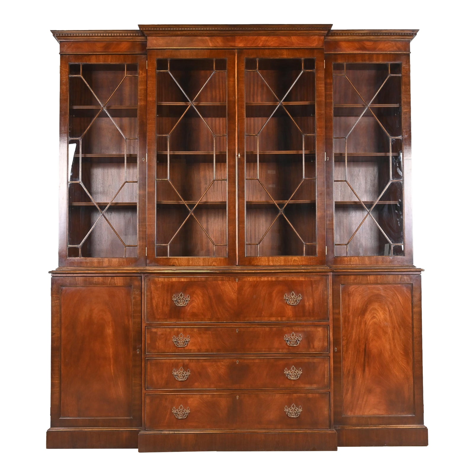 Trosby Furniture Georgian Carved Flame Mahogany Breakfront Bookcase ...
