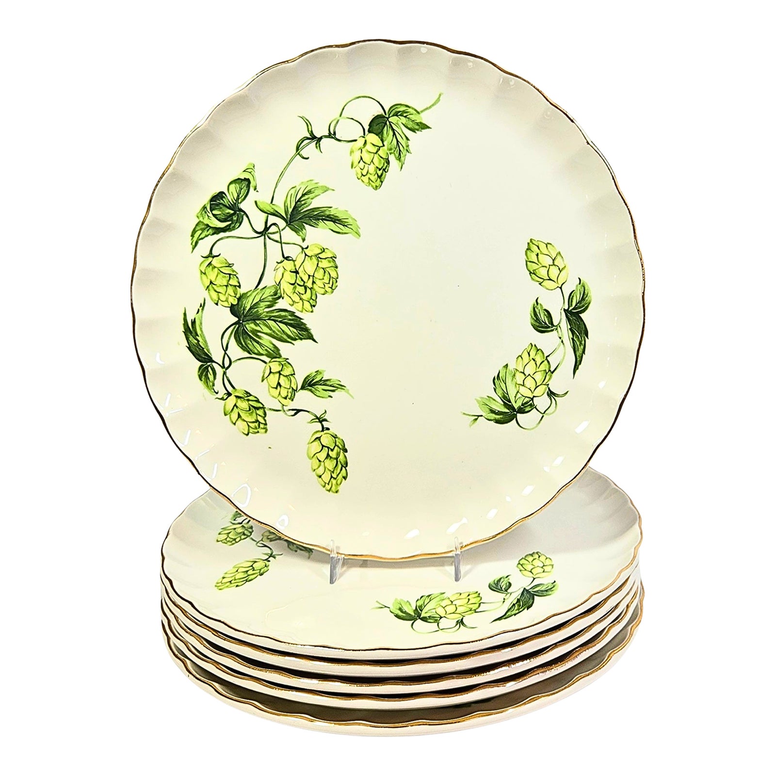Gold Rimmed Hops China Plates- Set of Six | Chairish