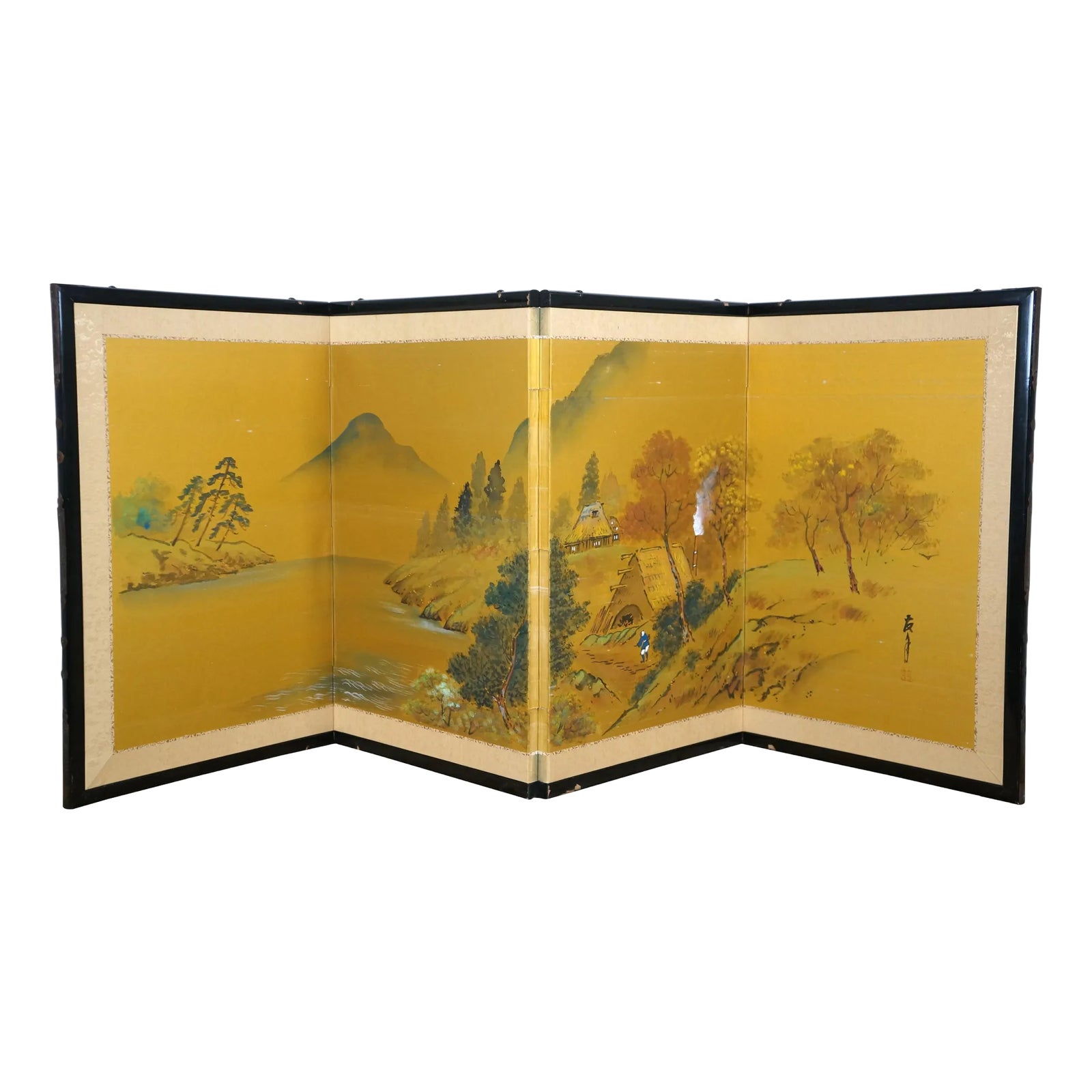Mid 20th Century Japanese 4-Panel Black Lacquer Silk Mountain Landscape ...