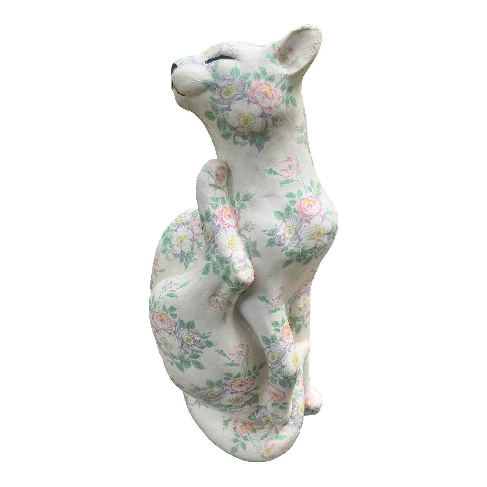 Large Ceramic Cat With Floral Motif | Chairish