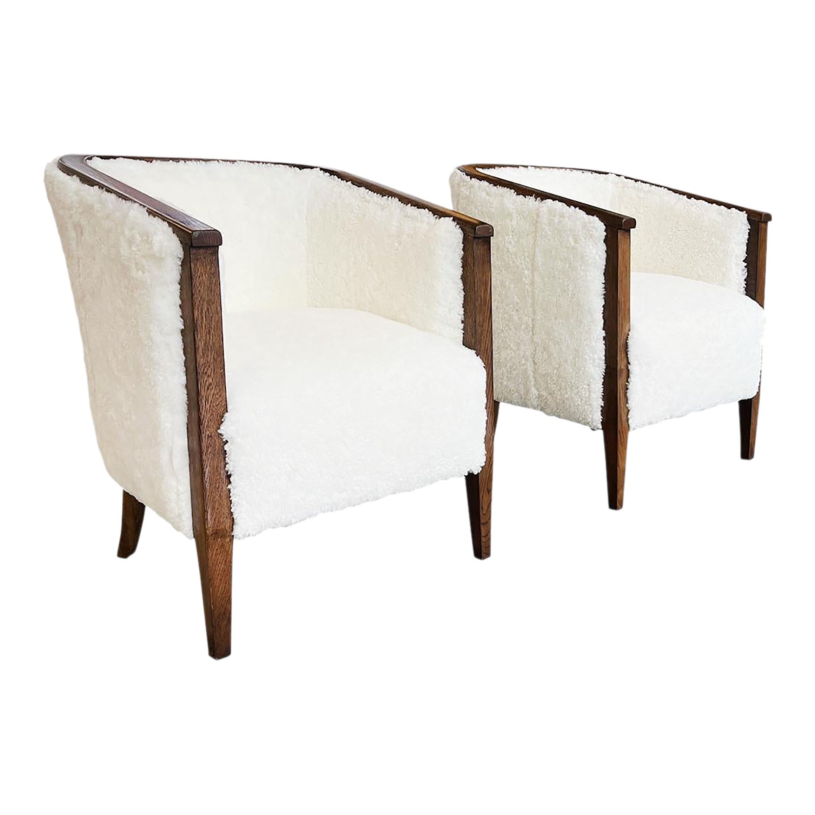 Pair of 1970s Danish Oak Tub Chairs in Shearling