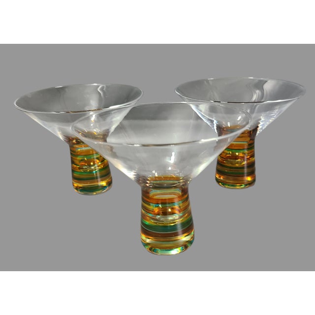 Set Of 3 Vintage Rainbow Colored Stem Base Art Glass Martini Glasses