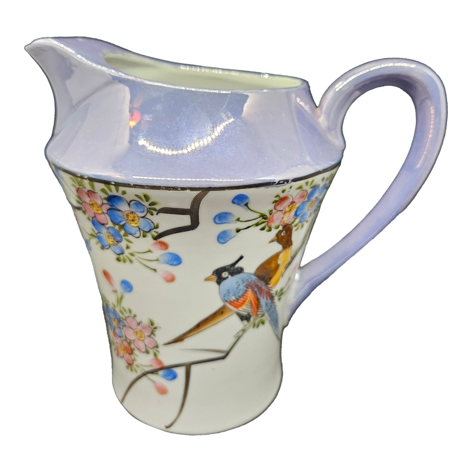 Vintage Lustreware Water Pitcher W/Ice Lip, 2 Birds, Handpainted | Chairish