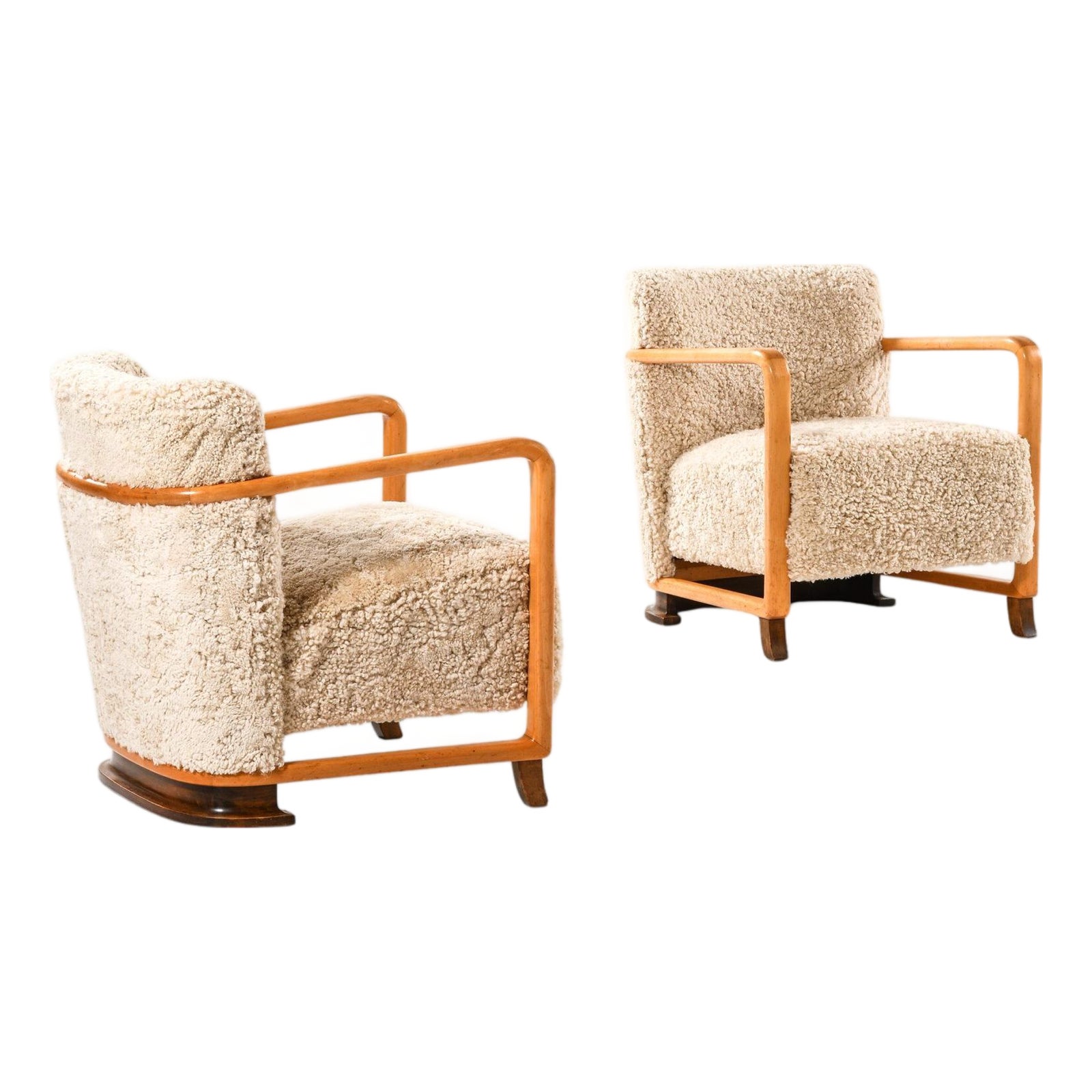 Art Deco Scandinavian Easy Chairs in Birch and Sheepskin, 1930s, Set of ...