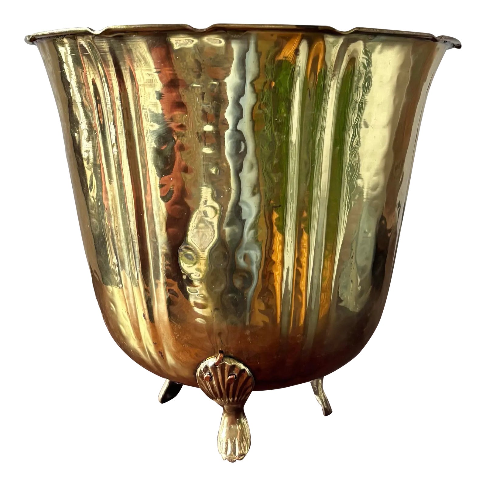 1980s Hammered Brass Scalloped Edge Cachepot | Chairish