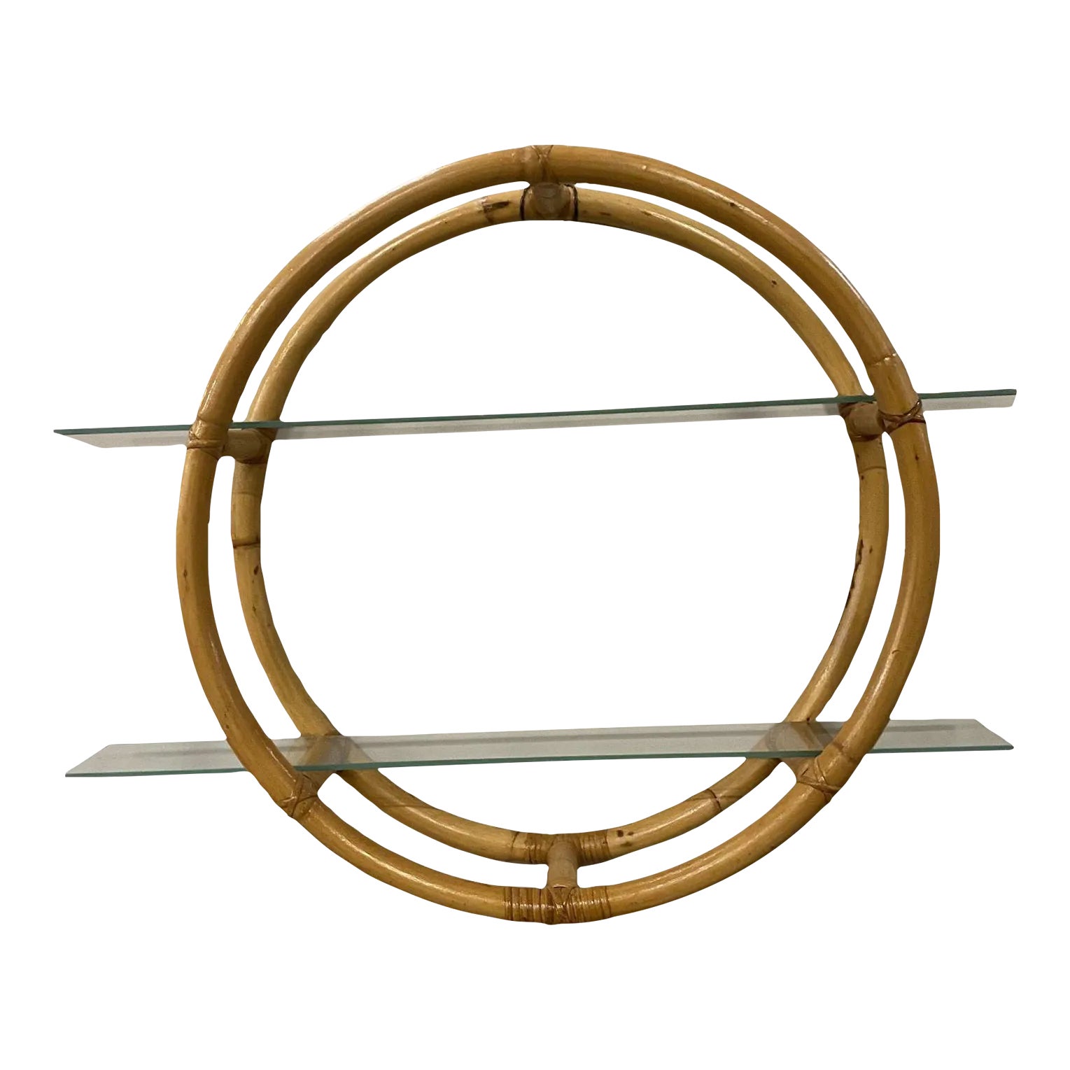 1950s Restored Circular Rattan Wall "Skeleton" Shelf with Glass Tiers ...