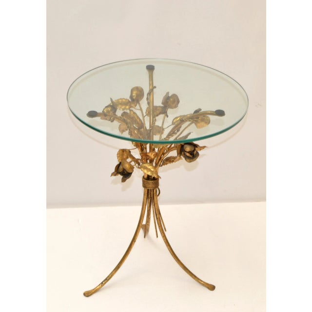 Coco Chanel Style Round Drink Table Gilt Iron Sheaf of Roses Glass Top ...