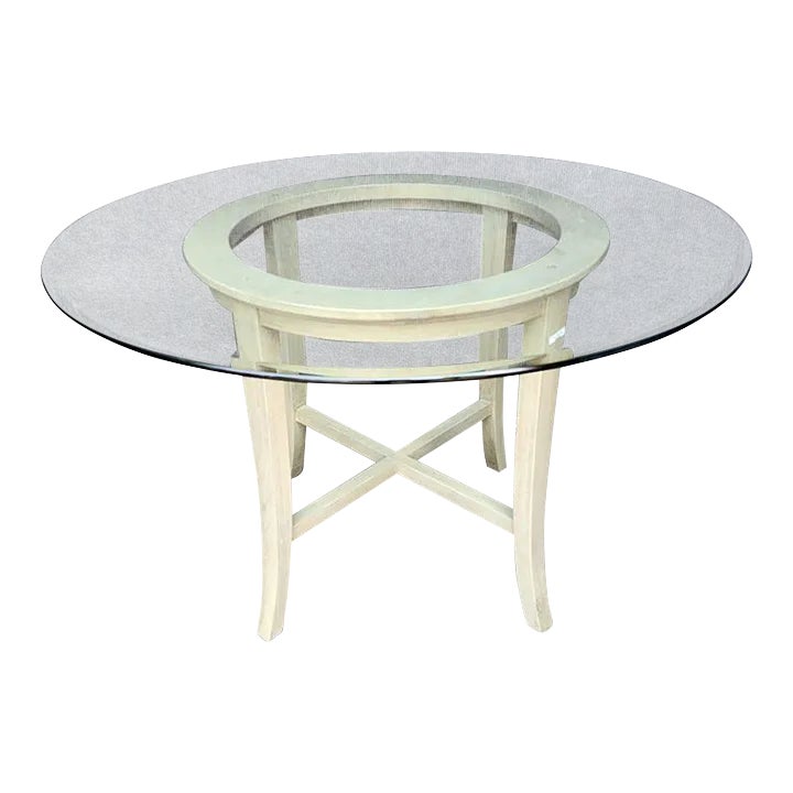 Late 20th Century Round Glass Crate Barrel Halo Style White Cream Dining Table
