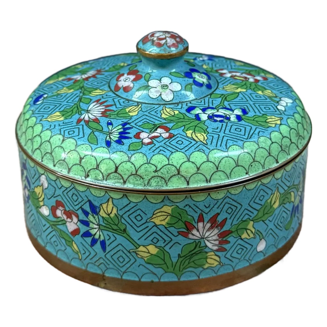 Antique Chinese Cloisonné Round Box With Floral Pattern | Chairish