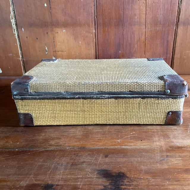 1900s Antique Edwardian Rattan Sisal Travel Suitcase with Leather ...